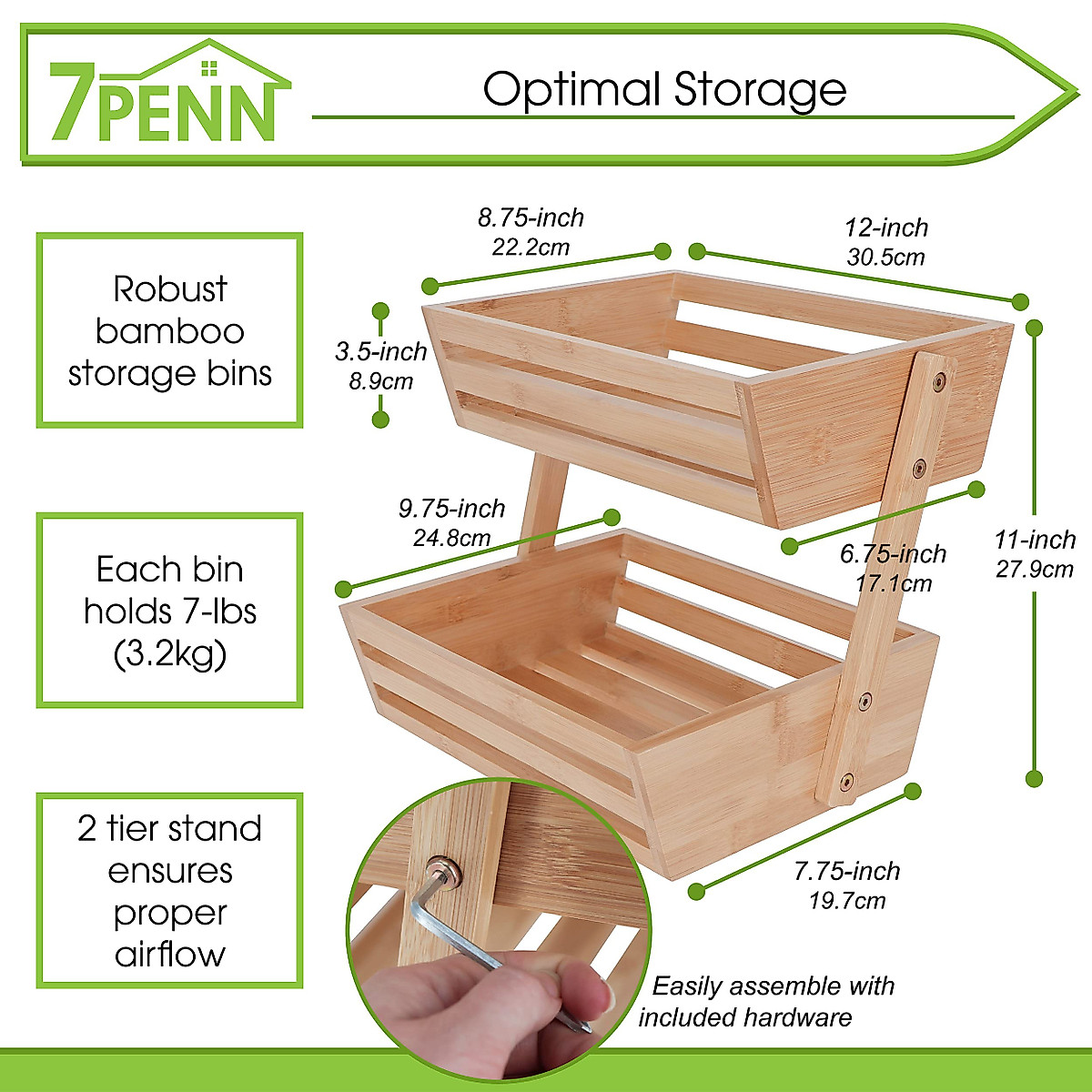 7Penn 2 Tier Fruit Basket for Kitchen Counter - Standing Countertop Bamboo Fruit Basket for Table or Pantry - Large Farmhouse Wooden Fruit Bowl for Vegetables - Rustic Bread Holder Produce Storage