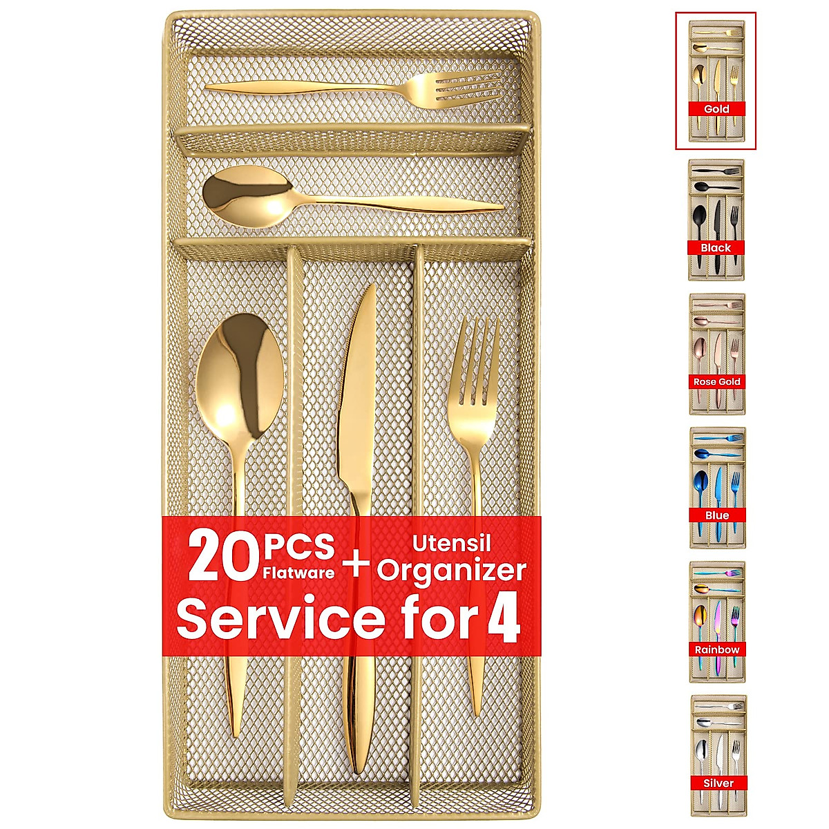 20 Pieces Gold Silverware Set with Tray for 4, KITWARE Stainless Steel Flatware Set, Mirror Polished Culery Set for Home Restaurant Office, Starter Set Tableware
