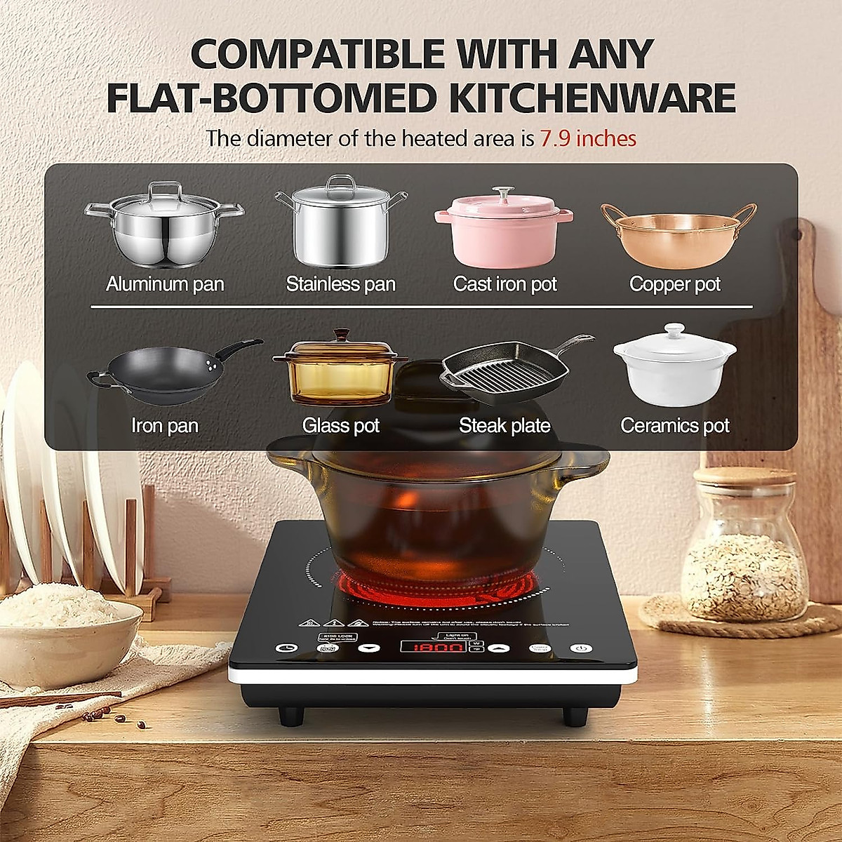 Single Burner Electric Cooktop, 1800W Electric Stove Top Portable, Electric Hot Plate 110v Plug in Countertop,Child Safety Lock,Timer,9 Power Level, Compatible for All Cookware, Induction Cookotp