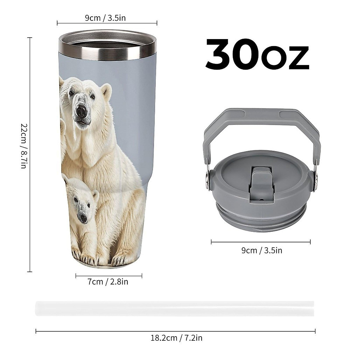 30oz Stainless Steel Insulated Tumbler with Flip Lid & Straw, Leakproof Travel Mug for Car, Polar Bear And Cub Double Wall Vacuum Thermal Coffee Cup with Handle, Spill-Proof Design for Hot/Cold Drinks