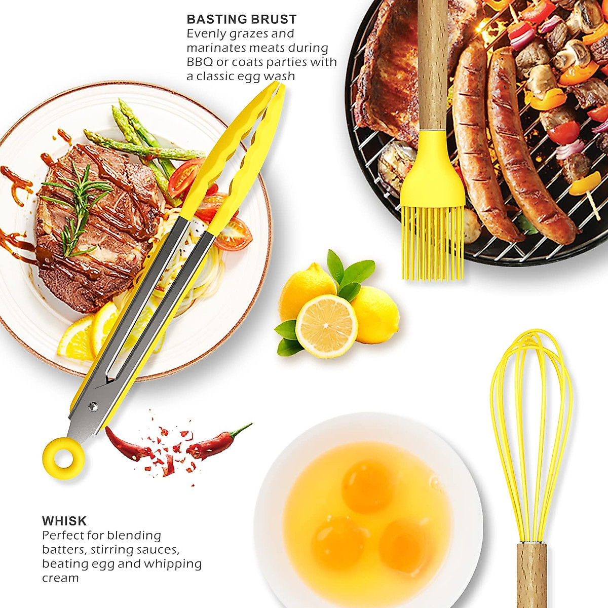 14 Pcs Silicone Cooking Utensils Kitchen Utensil Set - 446°F Heat Resistant,Turner Tongs,Spatula,Spoon,Brush,Whisk, Wooden Handles Yellow Kitchen Gadgets Tools Set for Nonstick Cookware (BPA Free)