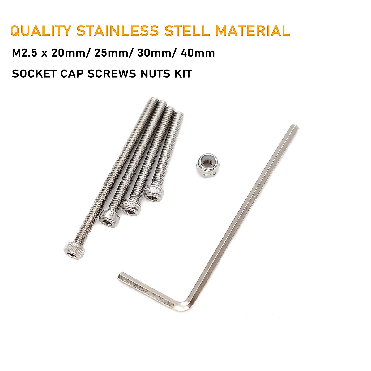 binifiMux 160pcs M2.5 Hex Socket Cap Screws Self Locking Nuts Assortment Kit with Wrench, Silver 304 Stainless Steel, M2.5x20mm/ 25mm/ 30mm/ 35mm/40mm/45mm