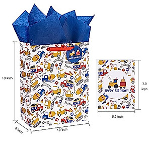 WRAPAHOLIC 13" Large Birthday Gift Bags with Card and Tissue Paper - Car Design for Kids Birthday, Gift Wrap