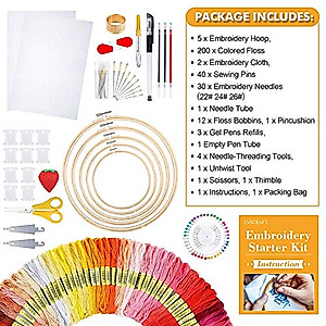 Inscraft 304 Pack Embroidery Kit, 200 Colors Threads, 5 Pcs Bamboo Embroidery Hoops, 2 Pcs Aida Cloth, Instructions, Bag and Cross Stitch Tools Set, Hand Embroidery Starter Kit for Beginners Adults