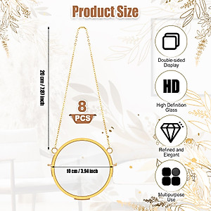 BBTO 8 Pack Round Hanging Glass Frame Small Brass Hanging Photo Frames Set Wall Mounted Gold Double Glass Display for Pressed Flowers Photos Dried Specimen DIY Artwork Display Decoration, 3.9 Inch