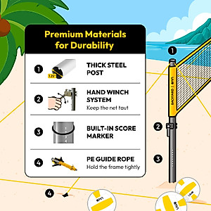 A11N Outdoor Volleyball and Badminton Combo Set - Includes Adjustable Height Anti-Sag Net, Volleyball, Air Pump, 4 Badminton Rackets, 2 Shuttlecocks, Boundary Line Marker, and Carrying Bag