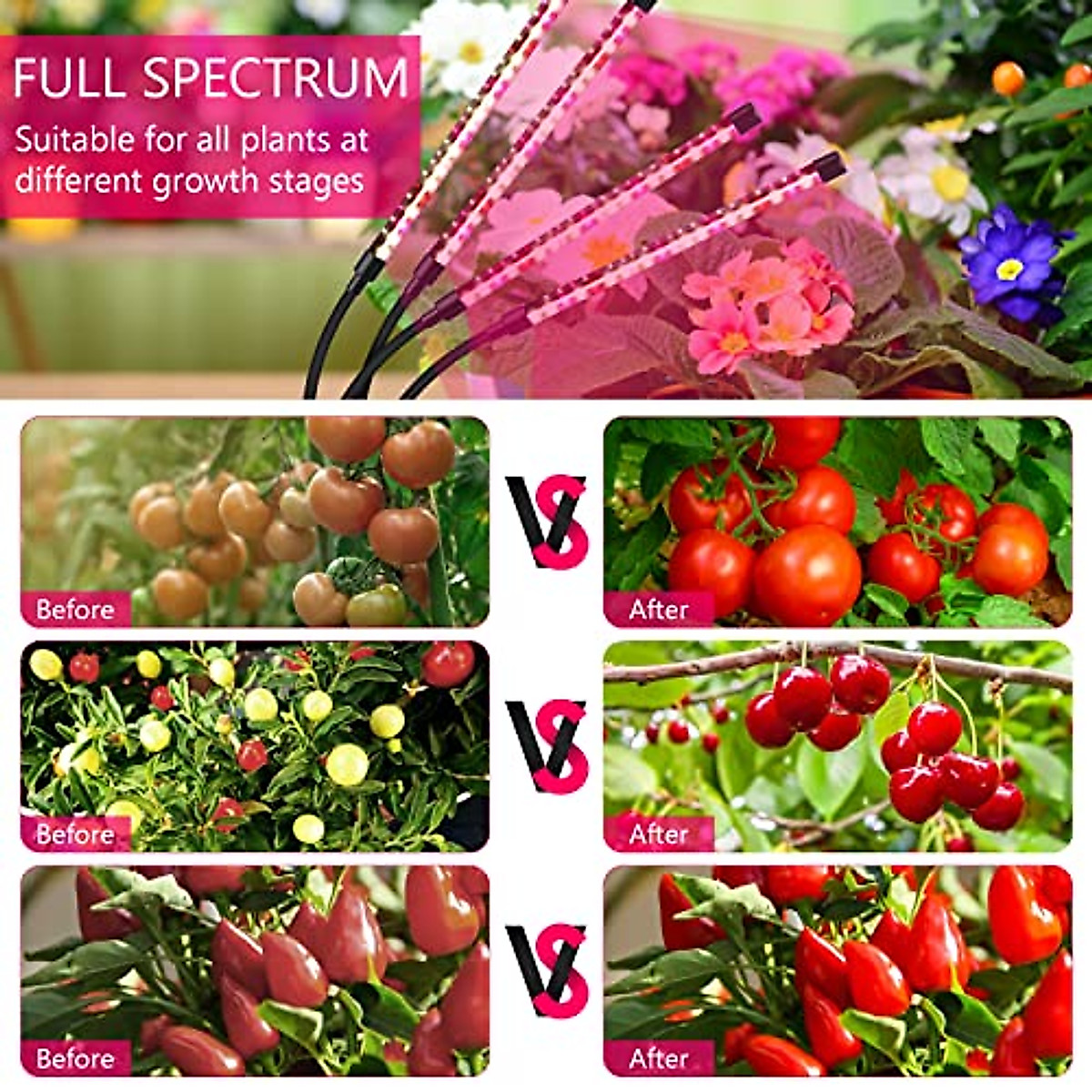 Grow Lights for Indoor Plants, Four Head LED Grow Light with Full Spectrum & Red White Spectrum for Indoor Plant Growing Lamp, Adjustable Gooseneck, Suitable for Plants Growth