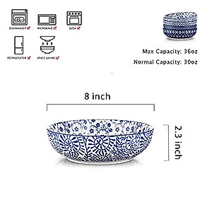 Selamica Ceramic 30 Ounce Large Pasta Bowls 8 inch Serving Bowls Wide and Shallow Microwave Dishwasher Safe Bowls Set of 4, Vintage Blue