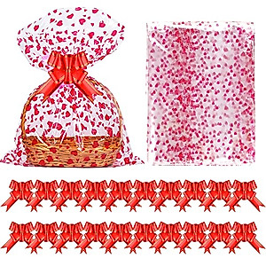 CIEOVO 20 Pieces Large Valentine Basket Bags and 20 Pieces Bows Ribbon 27 x 39 Inch Clear Valentines Day Baskets Empty Bags Heart Printed Cellophane Wrap for Gift Baskets Presents Weddings