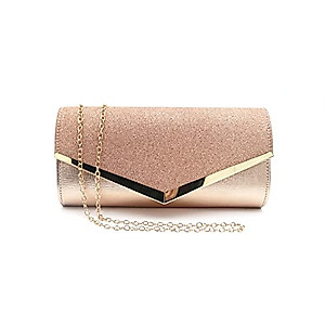 OOTD LAND Classic Women Evening Bags Envelope Clutch Purses with Chain Strap (Rose Gold)