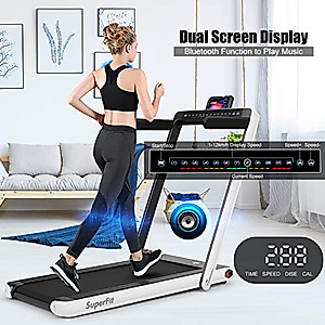 GYMAX Walking Pad, 2.25HP Dual Display Foldable Treadmill for Home with Remote/Smart App Control, Portable Compact Treadmill for Office Under Desk, Folding Running Machine for Small Spaces (White)