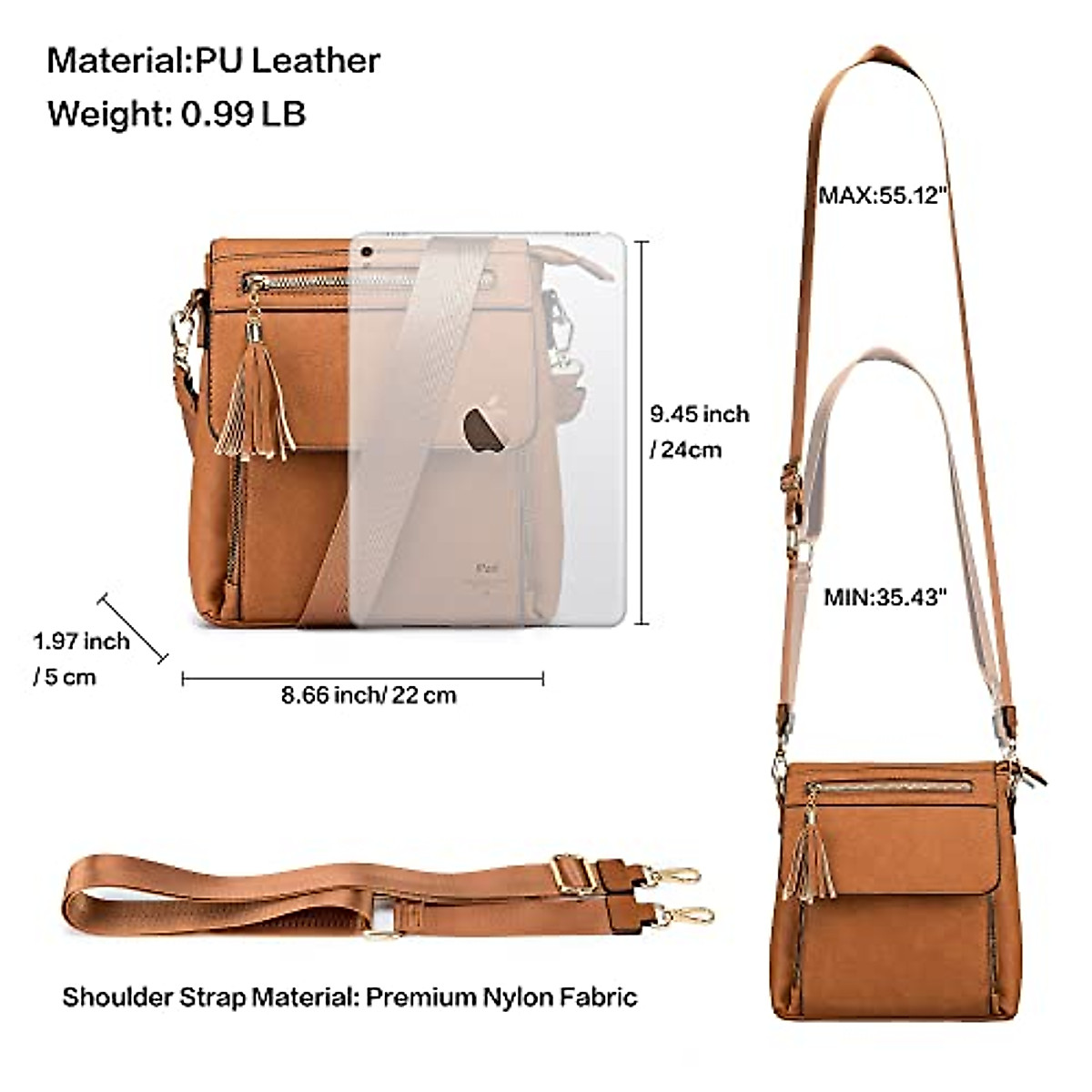 POIUGOYA Crossbody Purses for Women,Leather Medium Shoulder Bag Travel Purses Lightweight with Adjustable Strap and Tassel