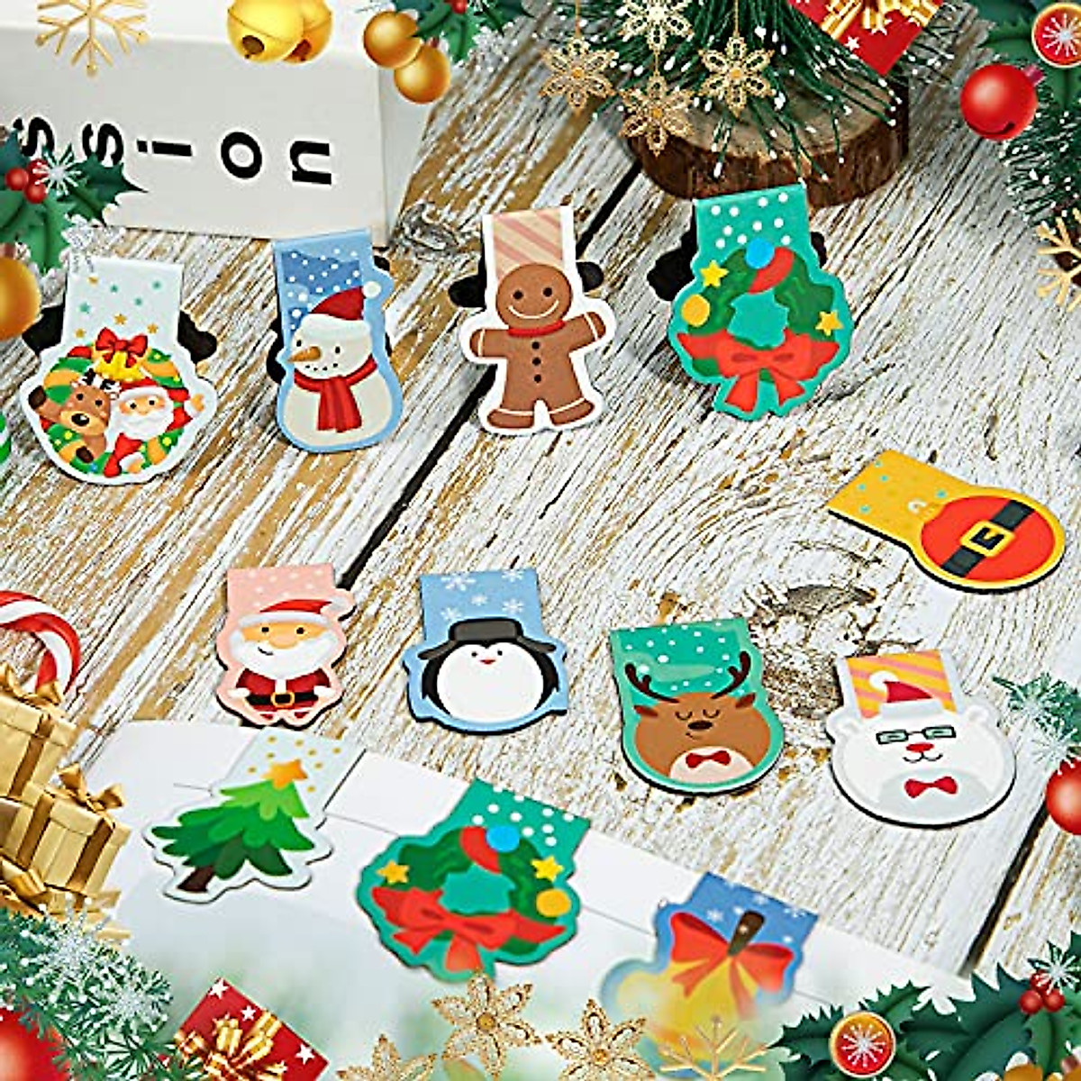 36 Pieces Christmas Magnetic Bookmarks Bulk Double Sided Page Marker Cute Santa Snowman Pattern Bookmarks Xmas Page Clips for Kids Winter Holiday School Gift