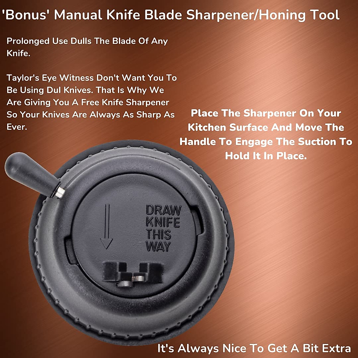 Taylors Eye Witness 5pc Kitchen Knife Gift Set - Brooklyn Copper Colored Bolsters, Matching Razor Sharp Titanium Coated Blades. Soft Grip Handles. 2yr Peace of Mind. Extra Sharpener for Knives