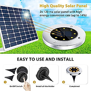 Solar Ground Lights - 12 Pack 8LED Solar Garden Lights Outdoor Waterproof Sidewalk Disk Bright In-Ground Landscape Lighting for Lawn Patio Pathway Yard Steps Deck Walkway Light (Warm White) (12 Packs)
