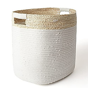 LA JOLIE MUSE Cotton Rope Storage Basket with Corn Skin, Organizer Bin for Baby Toys Laundry Blanket, Home Décor Gift, 15(L) x 11(W) x 14(H) Inches, Natural Color Beige Patterned