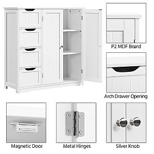 Yaheetech Wooden Bathroom Floor Cabinet, Side Storage Organizer Cabinet with 4 Drawers & Double Doors, Freestanding Entryway Storage Unit Console Table, Bathroom Furniture Home Decor, White