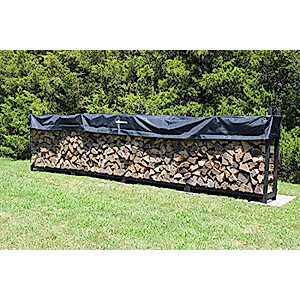 Woodhaven 16 Foot Black Large Outdoor Firewood Rack With Seasoning Cover - 1 Cord Fire Log Holder - Powder Coated Steel Firewood Holder - Made In USA (Cover)