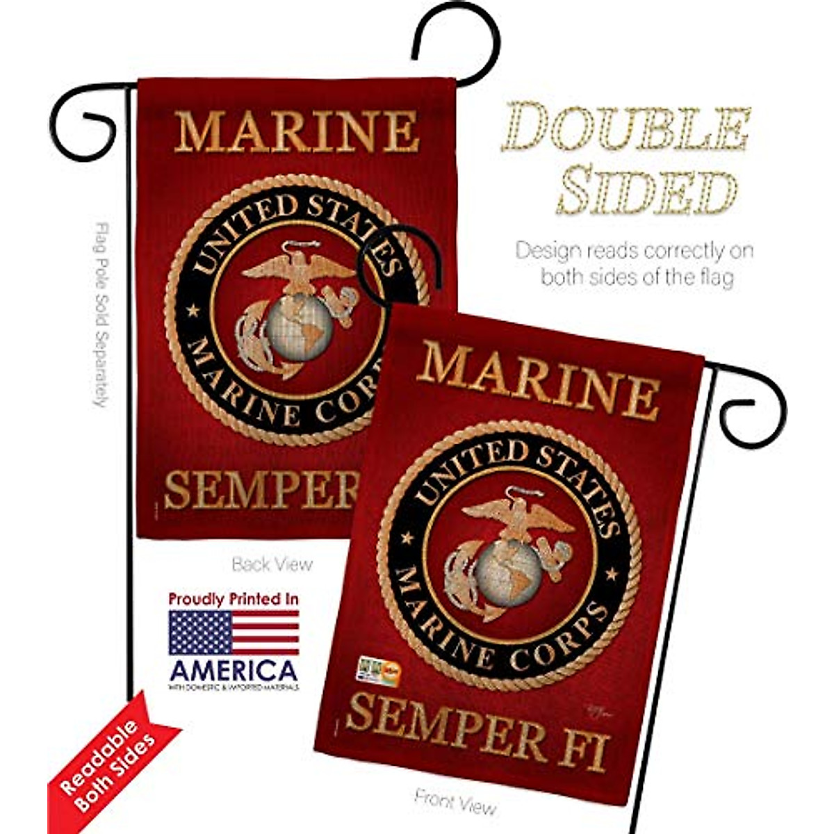 Marine Corps Burlap Garden Flag Set with Stand Armed Forces USMC Semper Fi United State American Military Veteran Retire Official Small Gift Yard House Banner Double-Sided Made In USA 13 X 18.5