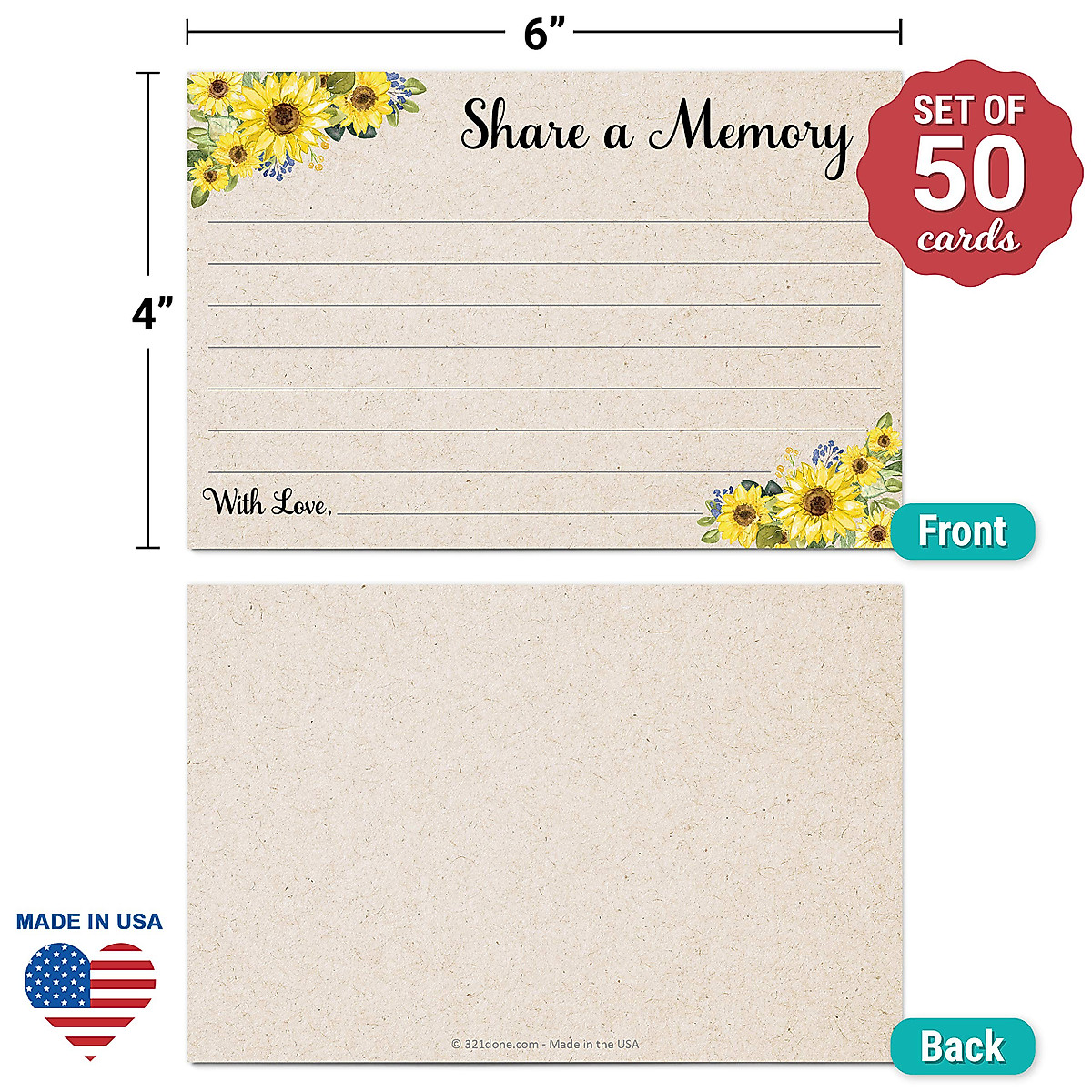 321Done Share a Memory Card (50 Cards) Sunflower Large, 4x6 for Celebration of Life Birthday Anniversary Memorial Funeral Graduation Bridal Shower Game - Made in USA - Rustic Tan