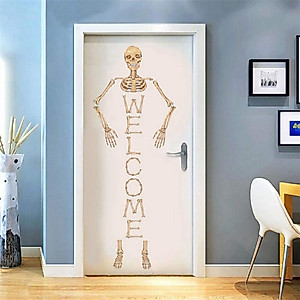 Kiddale Halloween Skull Door Sticker Creative Welcome Door Mural Peel and Stick Wallpaper Door Decal Horrible Skull Adhesive Room Decors Removable Home Decoration,16x38 inches