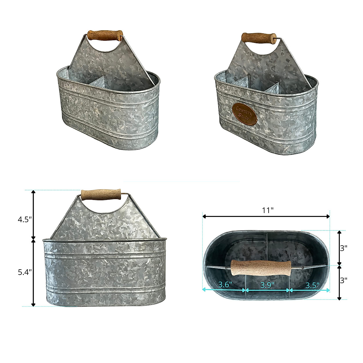 KOTINARA Galvanized Flatware Caddy - Strong Wooden Handle, Rust-Resistant, Indoor & Outdoor Use - A Farmhouse, Rustic, Country Style Organizer for Utensils, Flatware, Tools and more