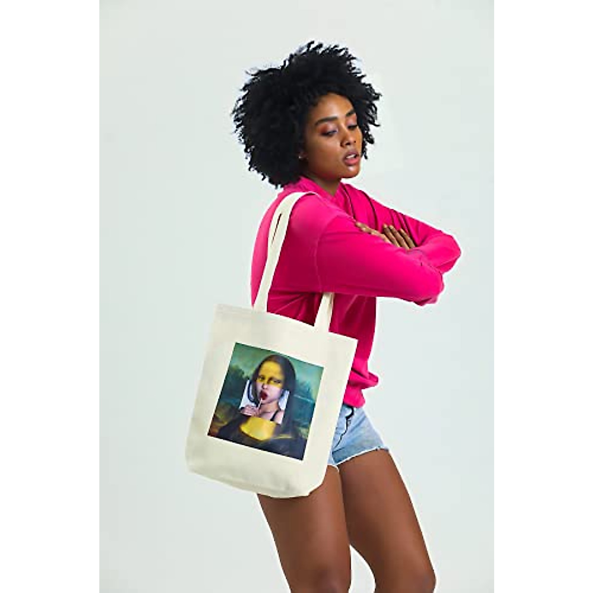 Monalisa Funny Design Printed Canvas Tote Bag Aesthetic Vintage Cute Women Girls Kids School Shoulder Bag, Beach Travel and Shoping Bag (Monalisa)