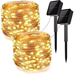 UPOOK Solar String Lights, 100LED Copper Wire Solar Fairy Lights 33Ft 8 Modes Waterproof Outdoor String Lights for Christmas Party Wedding Decoration Patio Garden Yard 2 Pack (Warm White 100LED)