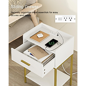 Masupu Nightstand with Charging Station,3-Tier Modern Bedside Night Stand with Storage Drawer and Shelf,Small End Side Table for Bedroom,Living Room,White
