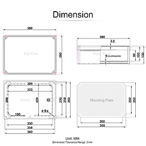 QILIPSU Junction Box with Mounting Plate 380x280x130mm, ABS Plastic DIY Electrical Project Case IP67 Waterproof Dustproof Enclosure Grey (15"x11"x5.1")