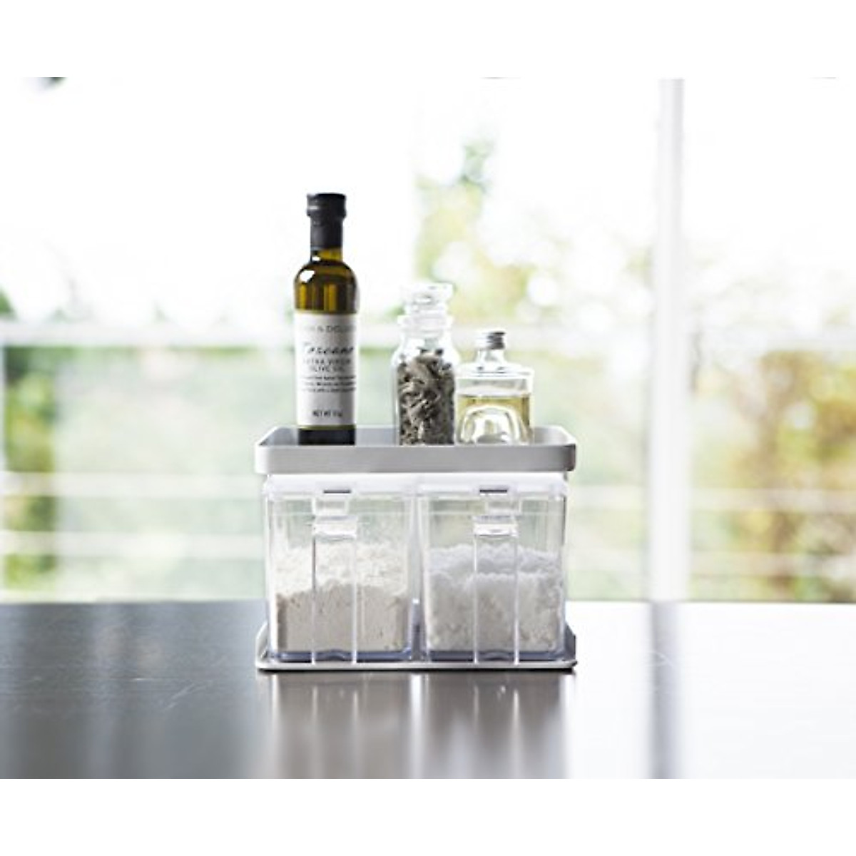 YAMAZAKI Home Pantry Canisters with Rack-Kitchen Container Organizer | Steel + Plastic | Food Storage, One Size, White