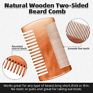 Natural Sandalwood Dual Action Beard and Moustache Combs with Faux Leather Cases (6 Pieces, Yellow, Black, Reddish Brown)