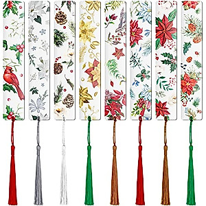 8 Pcs Christmas Flower Acrylic Bookmarks Transparent Acrylic Bookmarks with Colorful Tassels Christmas Red Birds Poinsettia Pine Cones Book Marks for Women Girls Teachers Kids Students