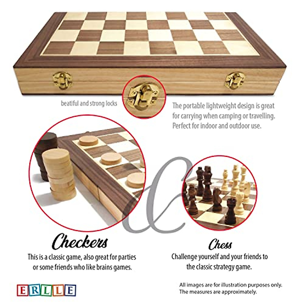 Wooden Chess & Checkers Game Board Set. Large 15x15 Wood Classic Unique Portable Travel Sets. Ajedrez