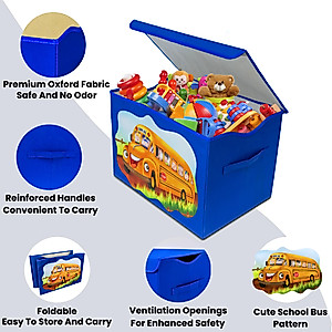 JollyGood Large Toy Storage Box | Cute School Bus Design Toy Box for Toddlers | Foldable Toy Chest, Toy Organizer, Basket with Lid | Premium Fabric, Safe, Lightweight Storage Bin | (Beige, Blue)