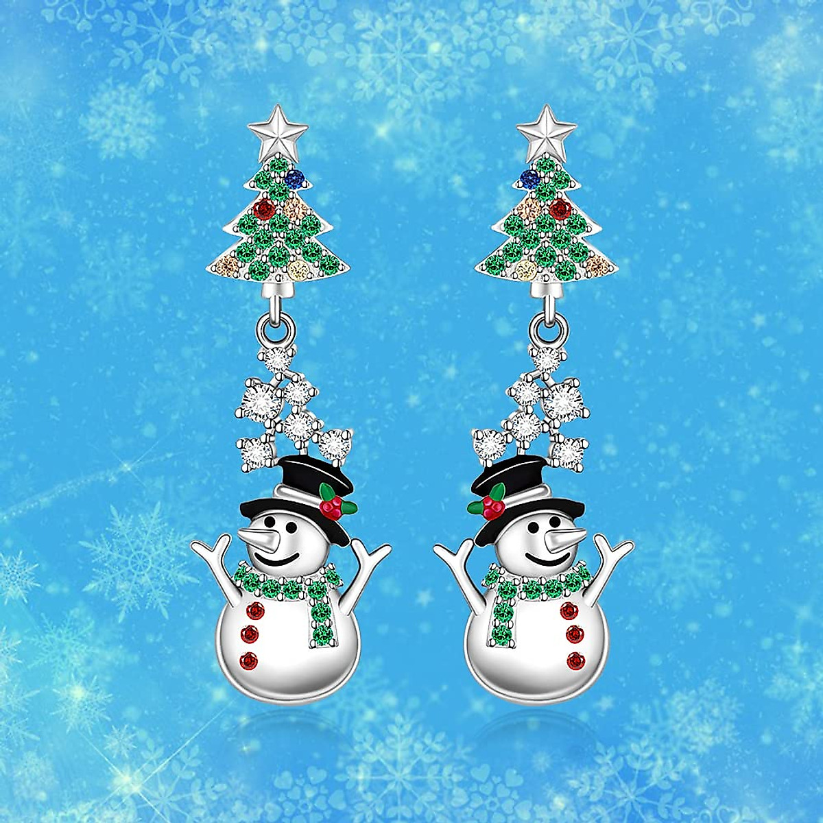 Christmas Tree Snowman Earrings for Women Sterling Silver Tree with Star Holiday Dangle Drop Earrings Winter Colorful CZ Xmas Gift