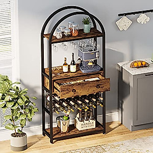 Tribesigns Wine Rack Cabinet Tall Freestanding Floor Liquor Cabinet with Glasses Holder and 1 Drawer, Industrial 21-Bottle Metal and Wood Wine Rack Table for Home Bar, Kitchen, Dining, Rustic Brown