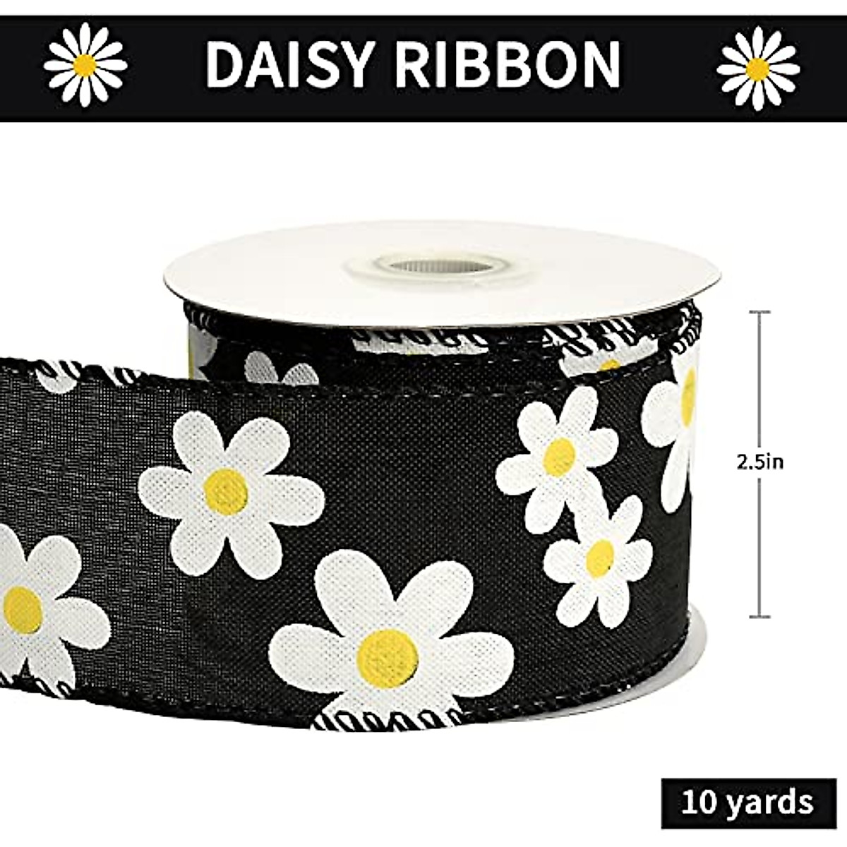 TONIFUL 2.5 Inch Wide Floral Pattern Wired Edge Ribbon Daisy Flowers Black Canvas Cloth Fabric Ribbons Roll 10 Yards for Crafts Bows Wreath Home Decor Hair Accessories Gift Wrapping
