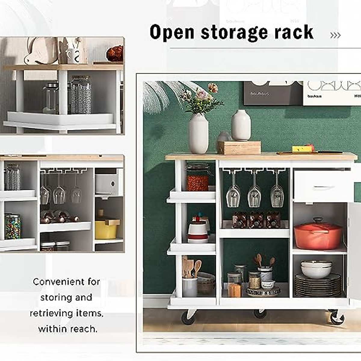 Kitchen Island Cart on Wheels with Storage Drawers, Multipurpose Kitchen Cart Cabinet with Side Storage Shelves and Wine Rack Kitchen Island with Rubber Wood Top for Dining Room, Home, Bar, White