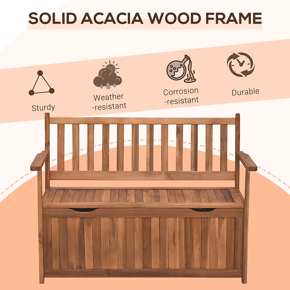 Outsunny 41 Gallon Outdoor Storage Bench, Wooden Deck Box with Inner Waterproof PE Lining, 2-Seat Container for Patio Garden Balcony Yard Store Garden Tools, Teak