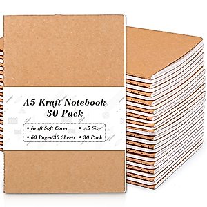 30 Pack Kraft Notebooks, A5 Feela 60 Lined Pages Notebooks and Journals for Women Girls Students Making Plans Writing Memos Office School Supplies, 8.3 X 5.5 in