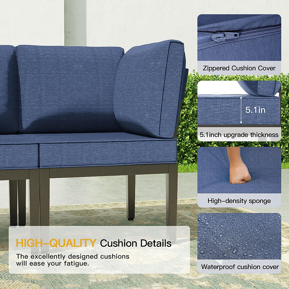 Trumbeak Patio Furniture Set,7 Pieces Metal Modern Outdoor Furniture,Outdoor Sectional Sofa w/5.1" Cushions and Coffee Table for Patio,Backyard,NavyBlue