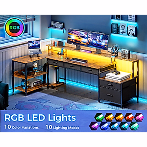 AODK L Shaped Desk with 5 File Drawers, 66" Reversible L Shaped Computer Desk with Power Outlet & LED Strip, Office Desk with Storage Shelves, Gaming Desk with Monitor Shelf, Corner Desk, Vintage