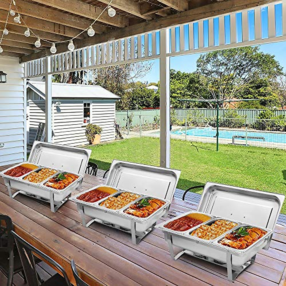 ROVSUN 8 Quart Chafing Dish Buffet Set, Stainless Steel Catering Serve Chafer, Restaurant Food Warmer, Rectangular Buffet Stove with 3 1/3 Size Food Pans and Foldable Frame for Party (1 Pack)