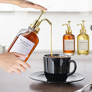 HSIOHE Coffee Syrup Dispenser for Coffee Bar,4 Pack Syrup Dispenser 16.9 oz 500 ml, Glass Syrup Bottle with Gold Upgraded Pump, Coffee Syrup Pump Dispenser, 28 Labels and Large Bamboo Tray