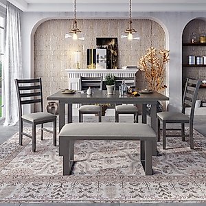 Rhomtree 6 Piece Dining Table Set with Bench, Wood Kitchen Table Set with Table and 4 Chairs, Family Furniture Set of 6 (Gray)