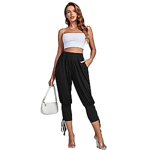 LYANER Women's Elastic High Waist Drawstring Wide Leg Palazzo Pants Loose Trousers Black X-Large