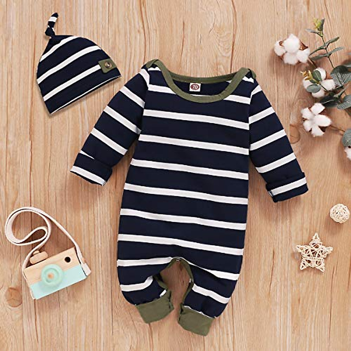 Infant Newborn Baby Boy Clothes Stripe Cotton Romper Long Sleeve Jumpsuit Hat Baby Boys Fall Winter Outfit