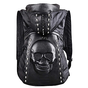 nice--buy Skull Punk Art Fashion Backpack Hooded Rivet Studded Biker Purse Gothic 3D Skull PU Leather Bookbag Python Daypack Shoulder Bag Laptop Bag