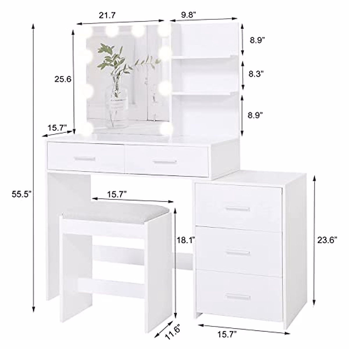 usikey 43.5in Large Vanity Desk with Mirror and 10 LED Lights, Makeup Vanity Table with Lights and 5 Drawers, White Vanity Table Vanity Set with Storage Shelves and Stool for Women Girls, White
